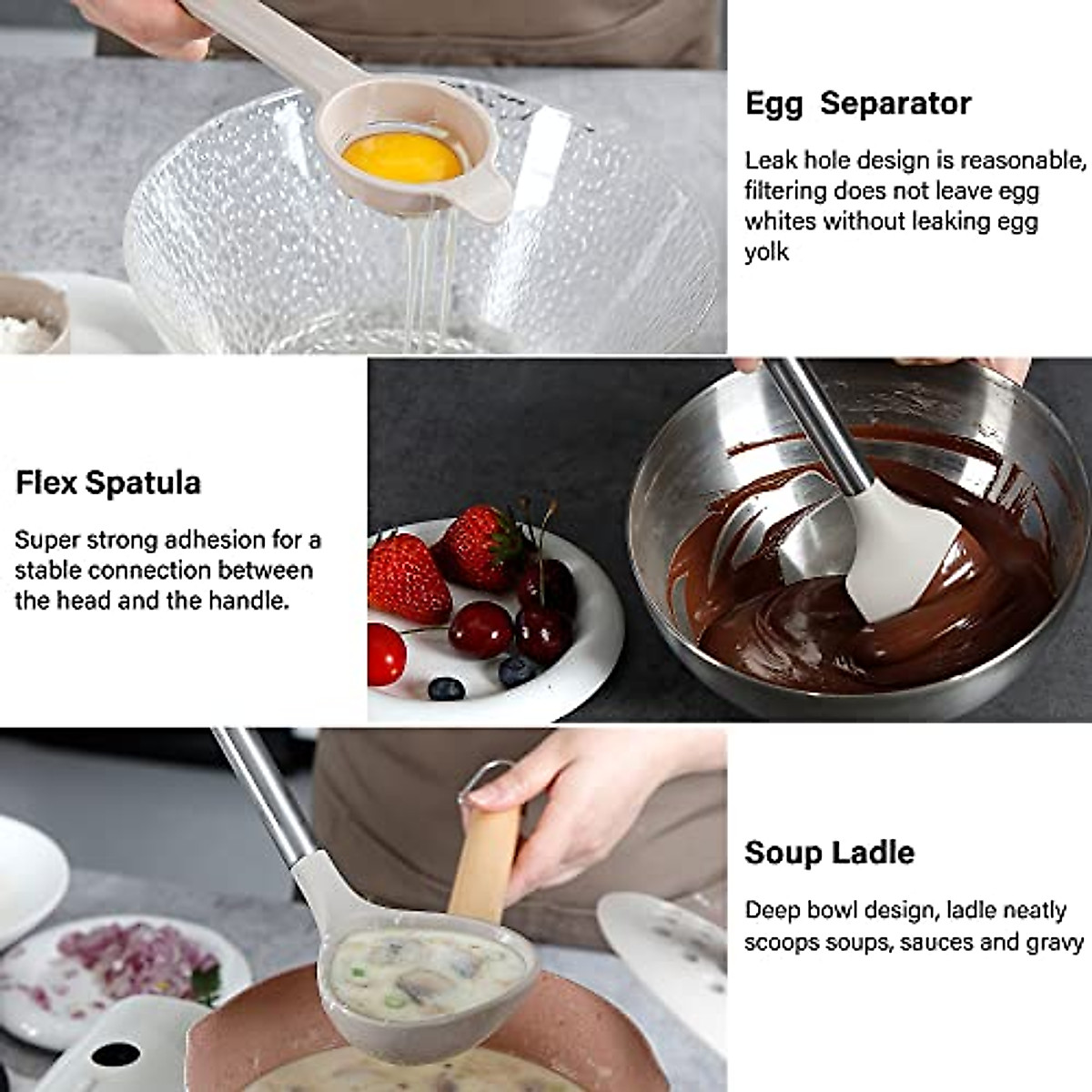 Hvygss Kitchen Utensil Set, 28 Pcs Silicone Cooking Utensils Set, Stainless Steel Handle Silicone Spatula Set with Silicone Whisk, Tongs, Ladle, Scissors, Measuring Cups and Spoons Set (Khaki)