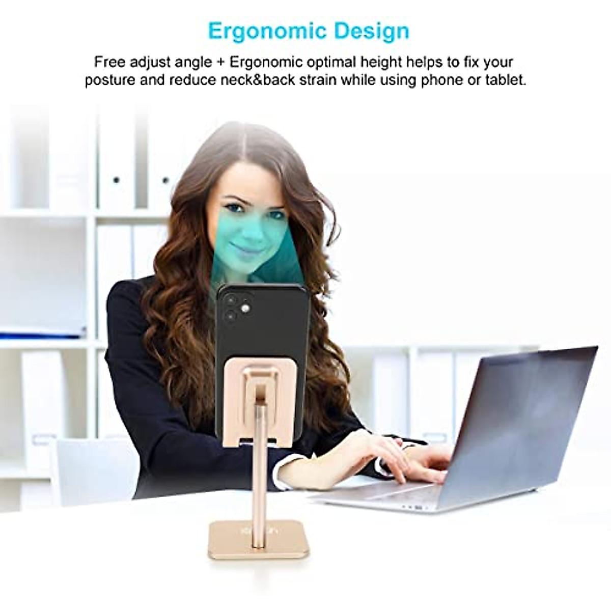 Urmust Cell Phone Stand Angle Adjustable Phone Stand for Desk Phone Holder for Office Tablet Stand Compatible for iPhone 15 14 13 12 11 Pro Max X Xr 8 Plus 7 6(Light Gold)