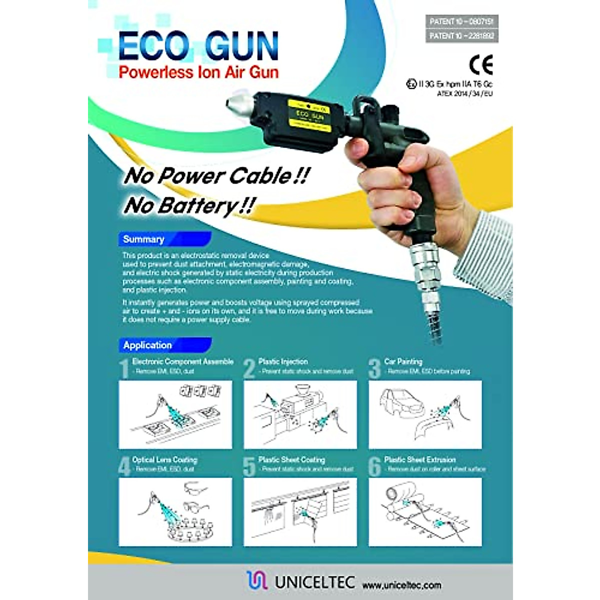 UNICELTEC ECOGUN, Power Cordless Anti Static Gun, Self generating Ionizing Air Gun, Static Eliminator