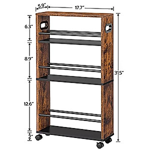 HOOBRO 4-Tier Slim Rolling Cart, Storage Cart for Laundry Room, Narrow Kitchen Cart with Handle and Lockable Casters, Space Saving, Easy Assembly, for Kitchen, Bathroom, Rustic Brown BF15TC01