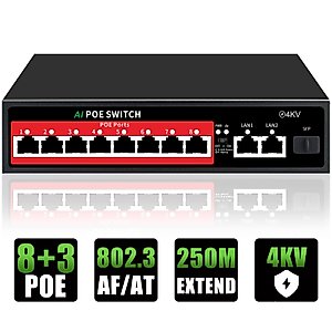 STEAMEMO 11-Port Ethernet Unmanaged PoE Switch, 8 PoE+ Ports@100W, 2 Gigabit Uplinks, 1*1.25G SFP Port, 250m Extend Mode, Fanless Sturdy Metal ,Plug and Play, Desktop or Wall Mount