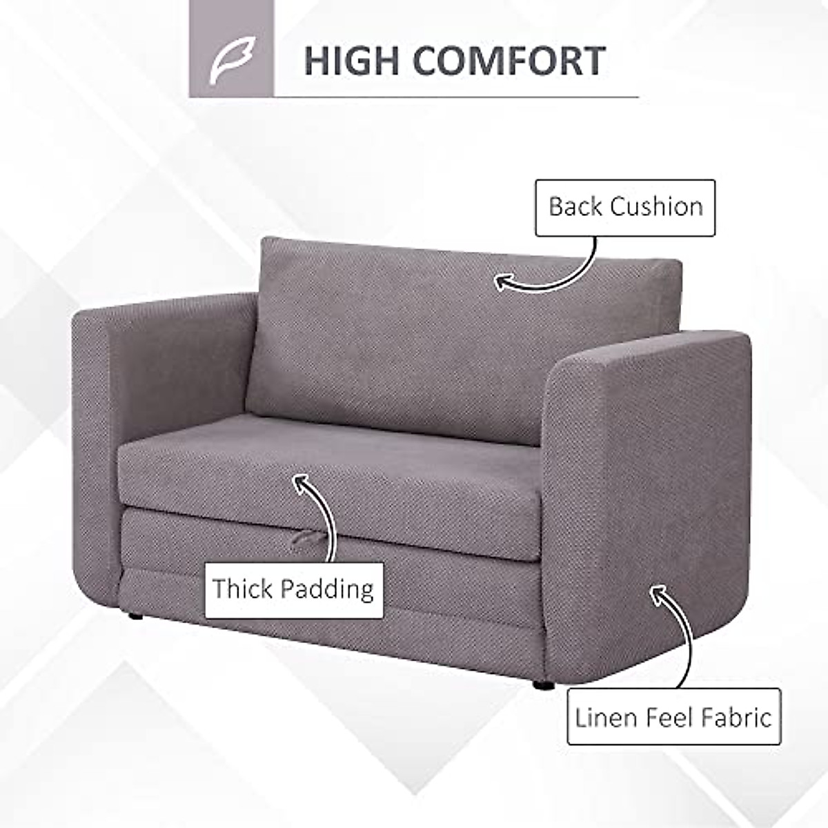 HOMCOM Pull Out Sofa Bed, Modern Convertible Loveseat Sleeper, Upholstered Sleeper Sofa for Small Space, Living Room, Apartment and Dorm, Light Grey