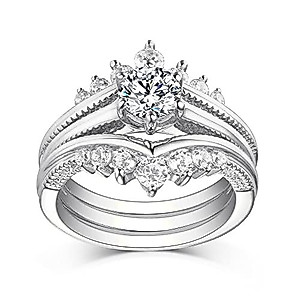 Engagement Ring for Women Bridal Sets 1Ct Round Moissanite Engagement Ring Set 3 Piece Set Wedding Ring Set Platinum Plated Silver Promise Rings Anniversary size10.5