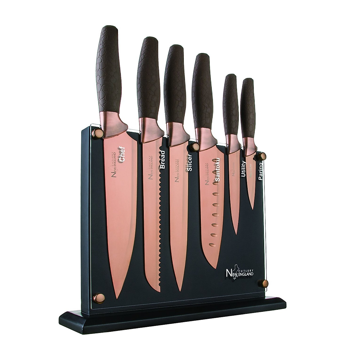 New England Cutlery NE8807 7 Piece Titanium-Coated Knife Set with Invisible Wood Block, Bronze