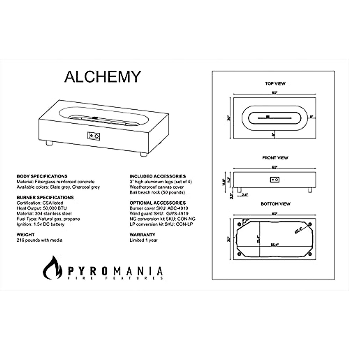 Pyromania Alchemy Outdoor Concrete Fire Pit Table, 60 x 30 Inches - Natural Gas Model in Charcoal Gray Color