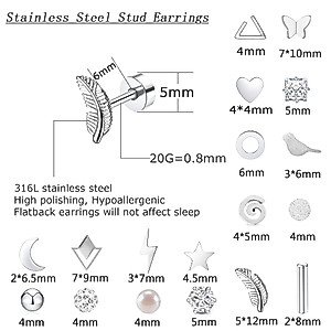MJust 18 Pairs Stainless Steel Earring Set For Women Men 20G Cartilage Star Moon Triangle Circle Bar Heart Screwback Barbell Geometric Flatback Earrings Set Jewelry (Silver)