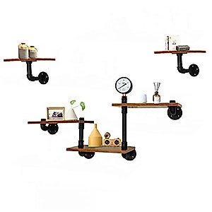 Sinsloto Retro Industrial Pipe Shelves Rustic Wood Ladder Shelf Wall Mounted Floating Shelves DIY Storage Shelving Set of 3 Bookshelf Bookcase