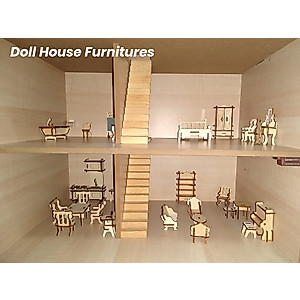 BOHS 34-Piece Dollhouse Furniture Set - Laser Cut Wooden 3D Puzzles - Miniature Doll House DIY Models and Accessories