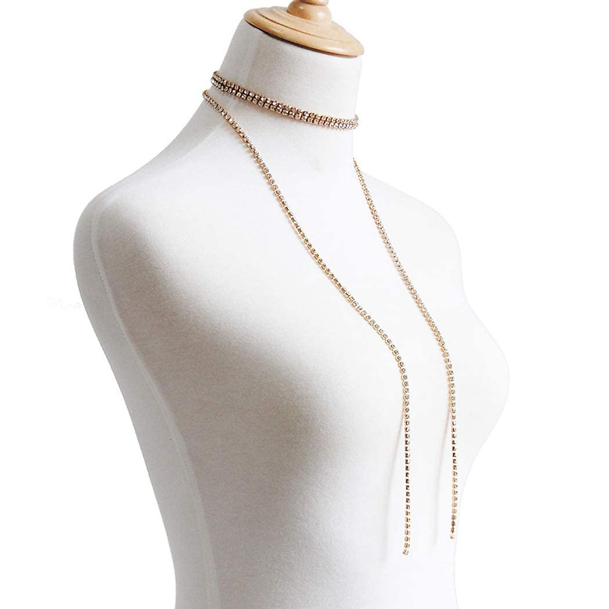 Nicute Rhinestone Long Necklace Jewelry Sparkly Crystal Choker Necklaces Sexy Beach Necklace Chain for Women (Gold)