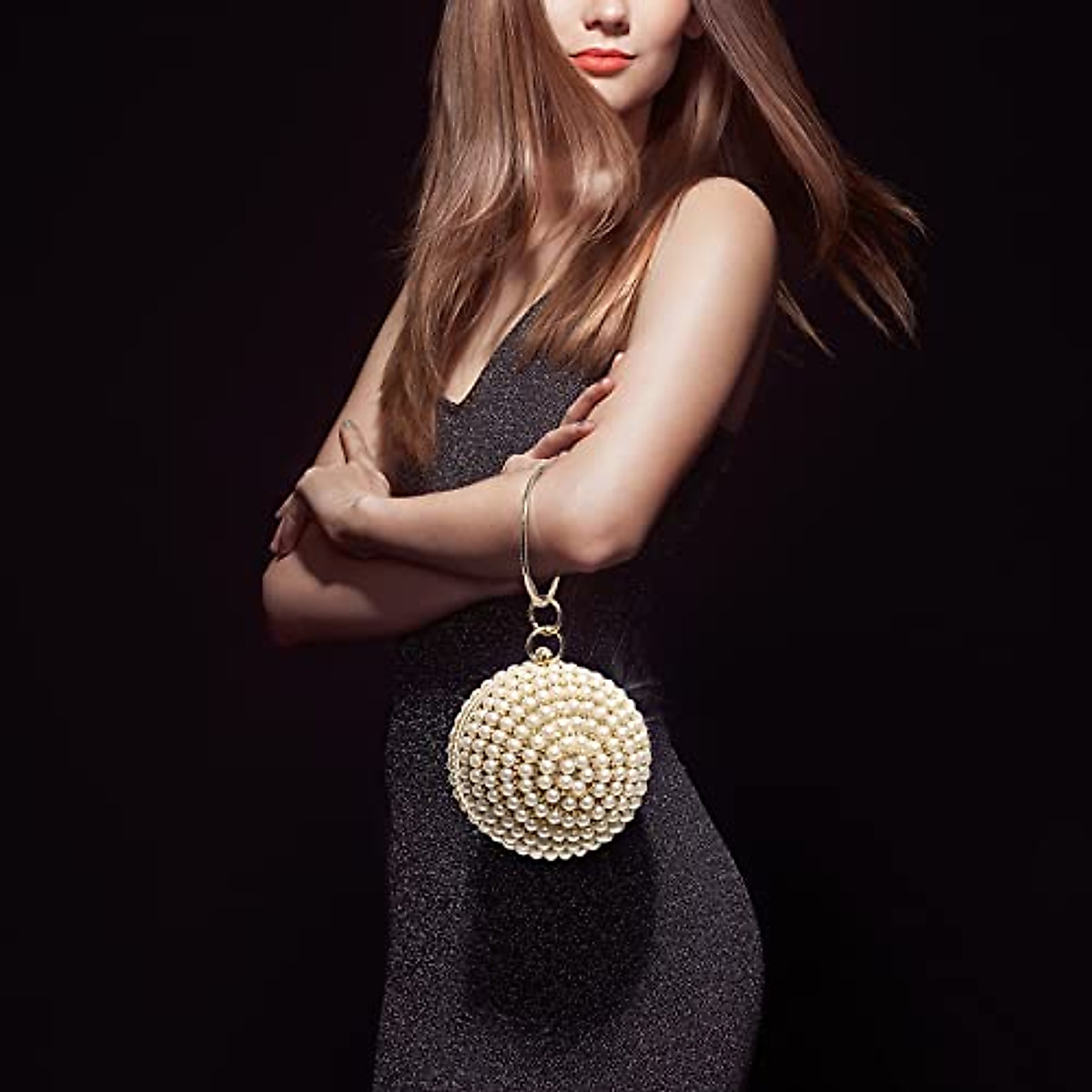 WPKLTMZ Womans Round Clutch Ball Handbag Dazzling Full Rhinestone Tassles Ring Handle Purse Pearls Evening Bag
