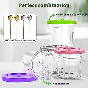 OPMGUWZY Pint Containers for Ninja Creami with Silicone Lids and Stainless Steel Spoon 4 Pack Compatible with NC299AMZ NC300s NC301 and CN301CO Series Ice Cream Maker, Airtight and Dishwasher Safe