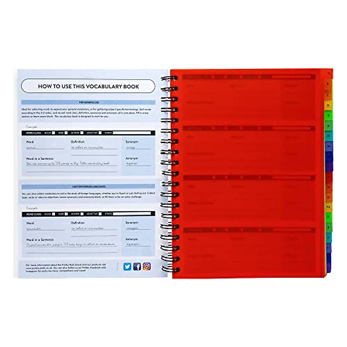 Pukka Pad B5 Vocabulary Book with 520 Word Capacity – Includes 20 Repositionable Alphabetised Dividers – Learn Synonyms, Antonyms, and Use in a Sentence – 100GSM
