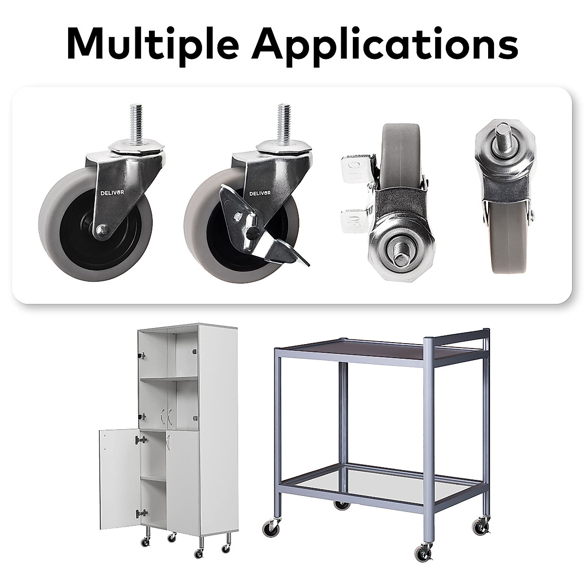 DELIVeR 3 Inch, Locking Swivel Caster Wheels, Set of 4,Heavy Duty with Nylon Nuts for Carts, Replacement Rubber Wheels, Threaded Stem 3/8”-16 x 1” Caster, 130 Lbs Per Caster