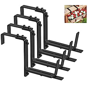 Y&M 4 Pcs Deck Railing Adjustable Planter Box Brackets (6 to 12.5 in), Universal Window Box Brackets, Heavy Duty Iron Flower Box Wall Mounting Hooks for Balcony, Fences, Patio, and Garden - Black