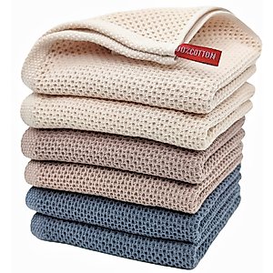 ANEWAY Kitchen Hand Towels 100% Cotton Waffle Weave Dish Towel for Cleaning Drying - Extra Absorbent and Soft - 13 x 28 inch (Beige+Dark Grey+Brown-6 Pack)
