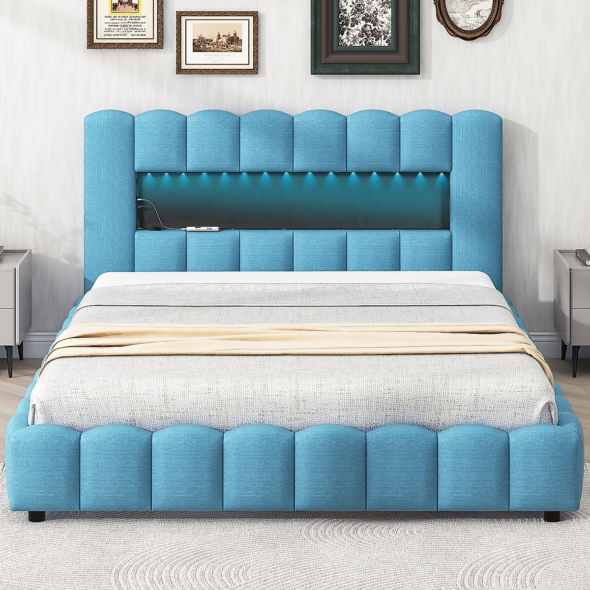 LAVHOME Queen Size Lift Up Storage Bed/Button Tufted Wingback Headboard/Hydraulic Storage/Upholstered Platform Bed Frame/No Box Spring Needed/Wood Slats Support/Light，Blue