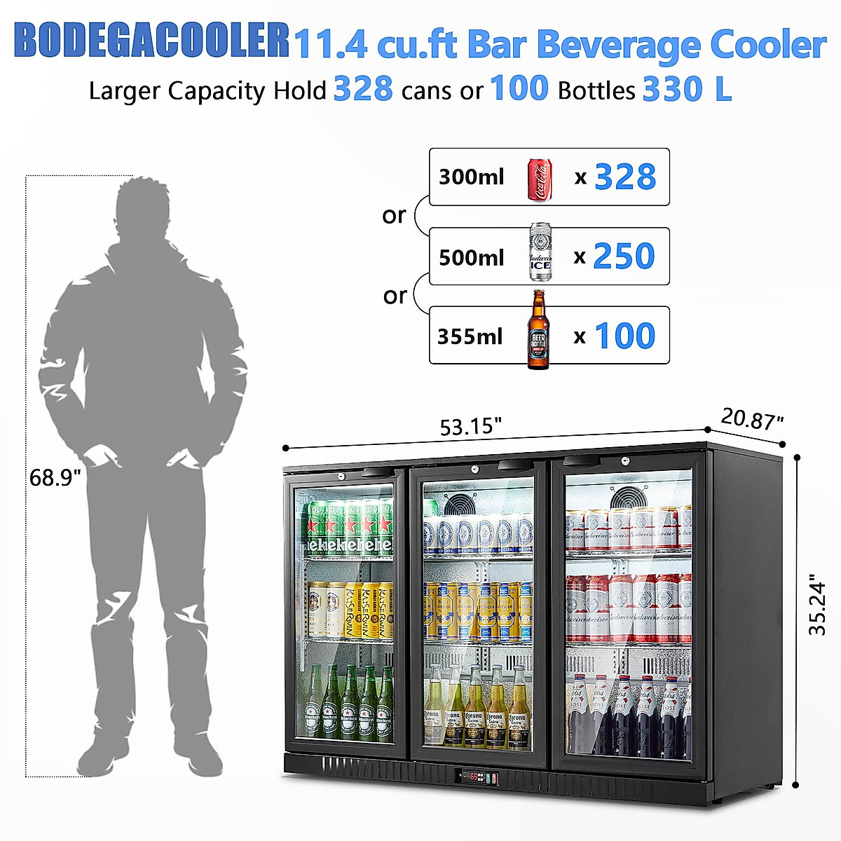 BODEGACOOLER Back Bar Cooler With 3 Glass Doors,Counter Height Beverage Refrigerator,11.4Cu.Ft Commercial Display Bar Fridge with LED Lighting,21 inch Beverage Cooler for Beer,Soda Drinks,Wine