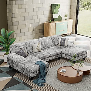 Flamaker Convertible Sectional Sofa Couch, Modern Fabric U-Shaped Living Room Furniture Set, 4-Seat Sectional Sleeper Sofa with Double Chaise & Memory Foam (Grey)