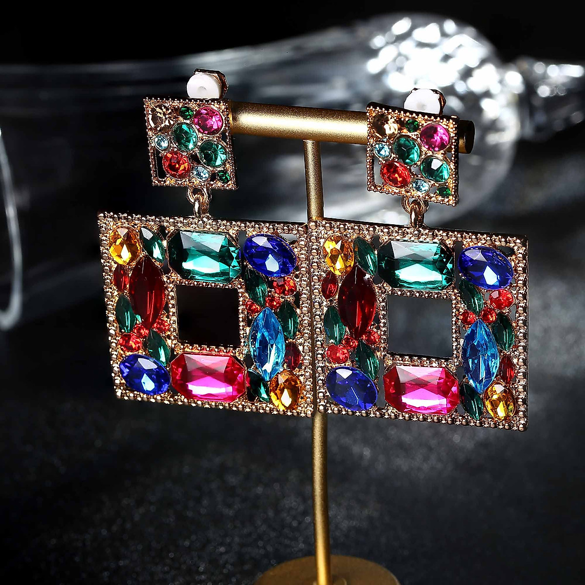 FASACCO Clip on Statement Earrings for Women Rhinestone Teardrop Rectangle Dangle Statement Earrings Crystal Geometric Non-Pierced Drop Earrings, Rectangle