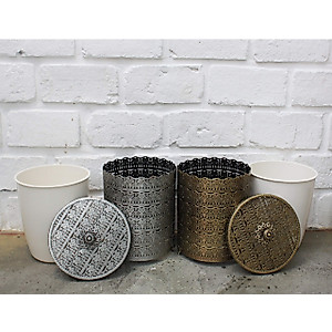 SEHAMANO Rose Patterned Antique Wastebasket, Vintage Decorative Small Trash Can, Garbage Container Bin for Vanity, Bedroom, Kitchen, Powder Rooms, Home Office Rubbish Bin (Small, Tin (Gray))