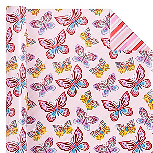 WRAPAHOLIC Reversible Wrapping Paper - Mini Roll - 17 Inch X 33 Feet - Butterfly Design, Perfect for Birthday, Party, Holiday, Wedding, Baby Shower