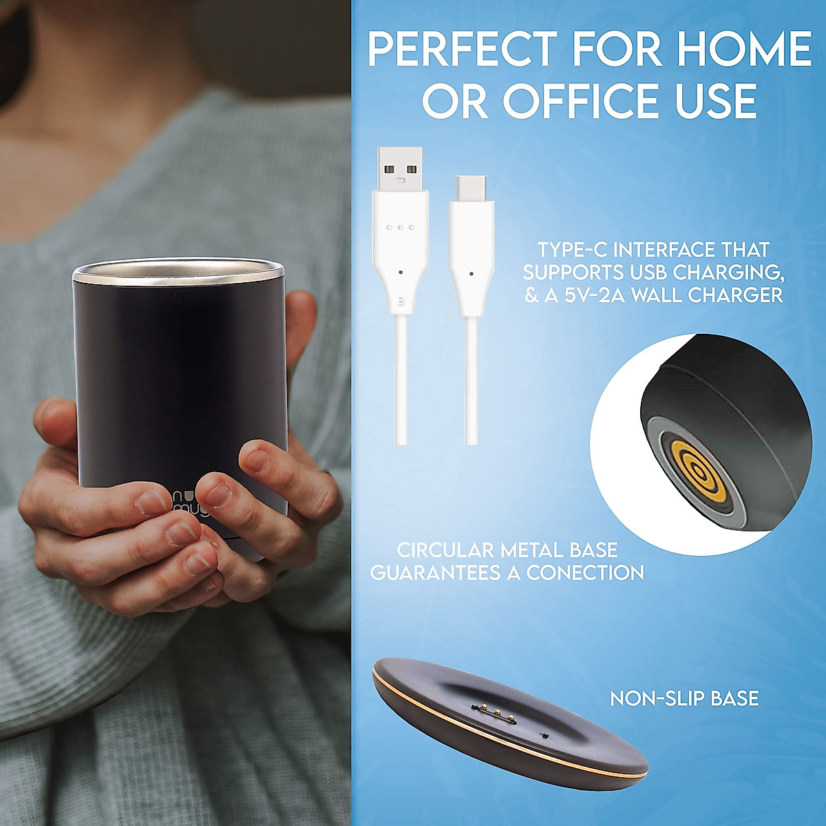 OZTANCE Self Stirring Coffee Mug with Lid - Heated Mug 10 oz, Luxury Design Heated Coffee Mug Warmer Set For Desk Home Office (Black)