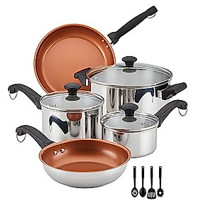 Farberware Classic Traditions Stainless Steel Cookware Induction Pots and Pans Set with Prestige Cooking Utensils, 12 Piece - Stainless Steel