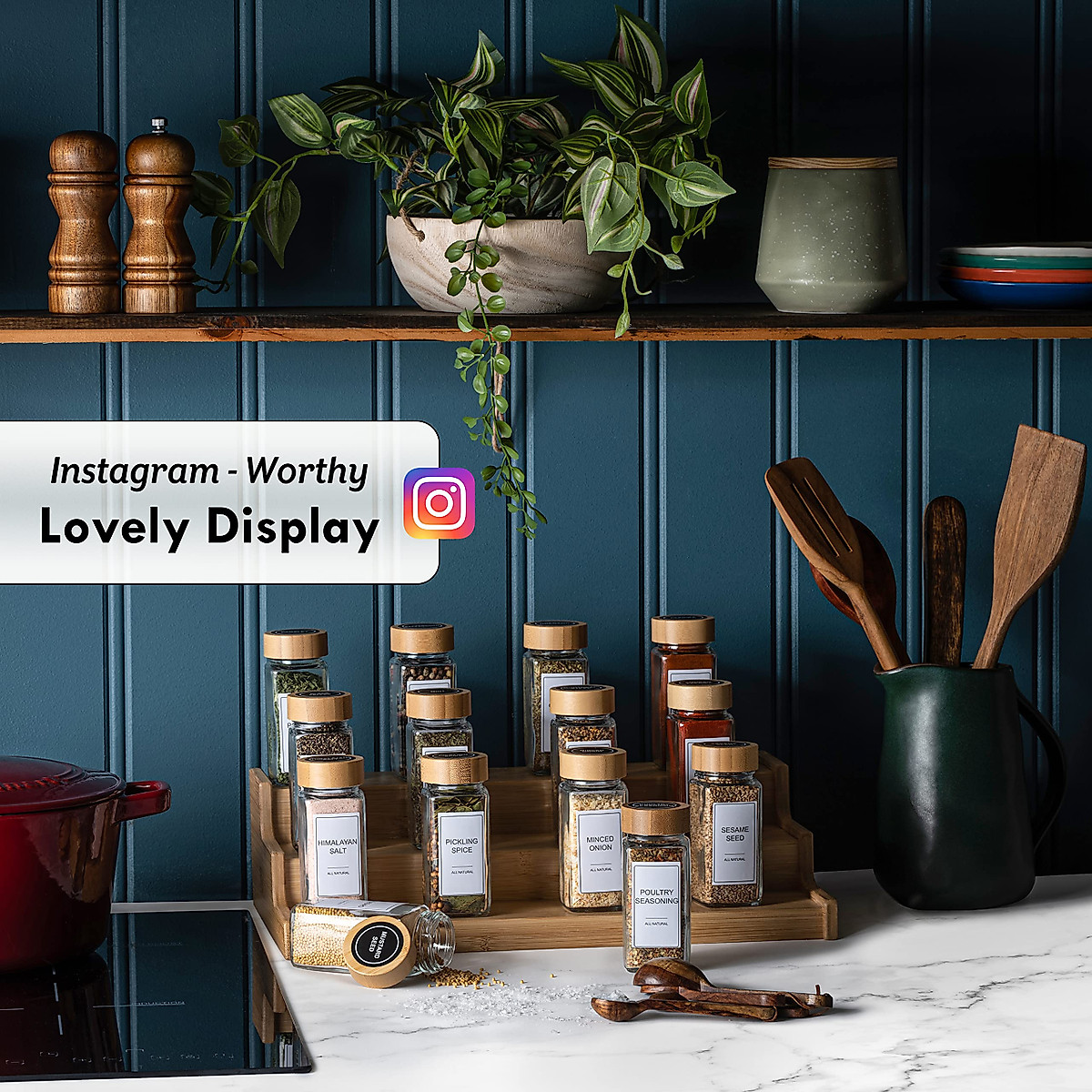 24 Glass Spice Jars with Label Set Bamboo Shaker Lids & Funnel, Kitchen Airtight Sugar Packet Holder Storage Jars with Lid, Spices & Seasonings Sets Organizer Spice Containers, Glass Jar Food Canister