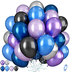 Outer Space Balloons, 55pcs Galaxy Blue Balloons Metallic Black Purple Silver Balloons Blue and Purple Latex Balloons Pearl Blue Black Balloons for Kids Boys Astronaut Space Birthday Party Decorations