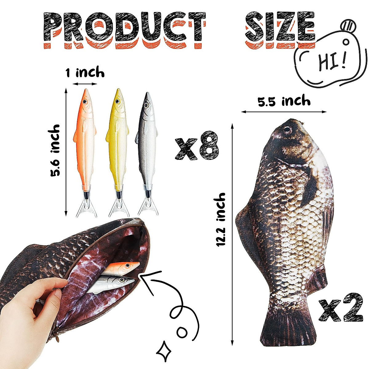 Outus 2 Pcs Fish Shaped Pencil Case Interesting Fish Pen Bag Funny Pencil Pouch Coin Purse with Padded Thick Foam Lining and 8 Pcs Cute Fish Pens for Office School Classroom Home(Black,Classical)