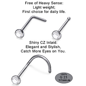 Vsnnsns G23 Titanium Nose Rings for Women 18G Bone L Shaped Nose Studs Screw Nose Rings CZ 2mm Titanium Nose Piercing Jewelry for Men 6Pcs