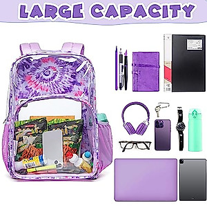 BLUEFAIRY Clear Backpack for Girls Stadium Approved Heavy Duty PVC Transparent Book Bag Cute See Through Bag for School Events Travel Gifts 17 Inch Laege Purple