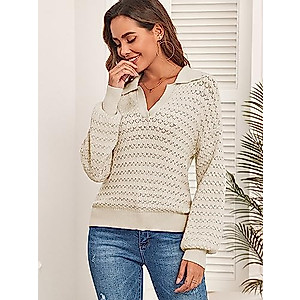 ZAFUL Women's Lapel Collar Sweater V Neck Lantern Sleeve Hollow Out Knit Polo Pullover Sweater Jumper (1-Apricot, L)