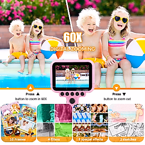 Kids Camera, iMoway Waterproof Video Cameras for Kids HD 1080P Kids Digital Cameras Camcorder with 16GB Memory Card, Card Reader and Floating Hand Grip (Pink)