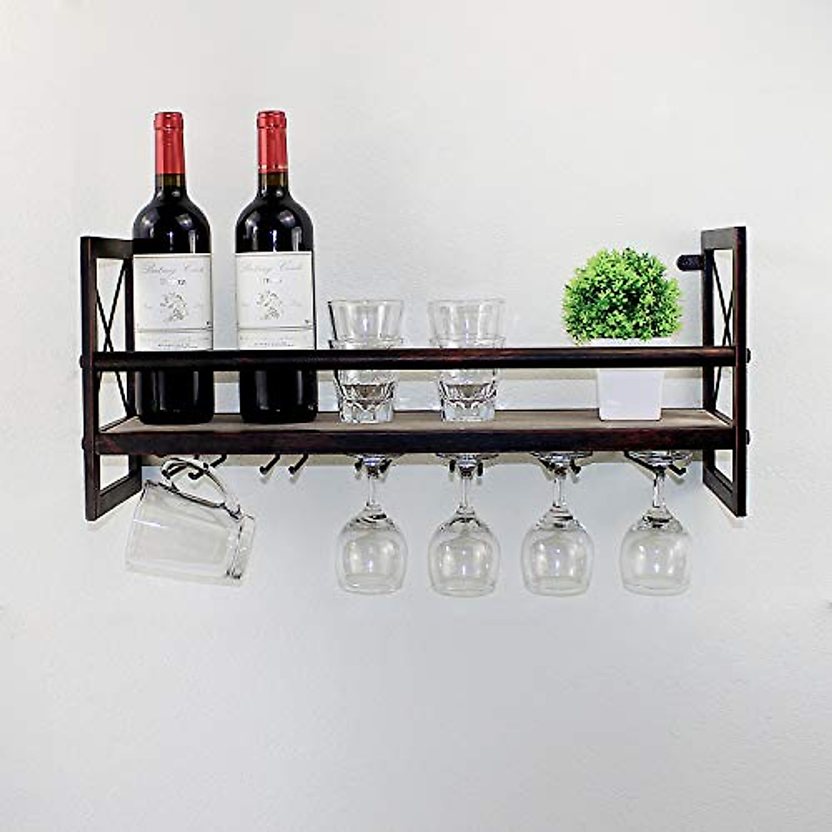 MBQQ Industrial Wine Racks Wall Mounted with Stemware Racks,24" Rustic Metal Hanging Wine Holder,Bottle Holder with 7 Stem Glass Holder,Metal&Wood Shelves Home Decor Wall Shelf,Retro Red
