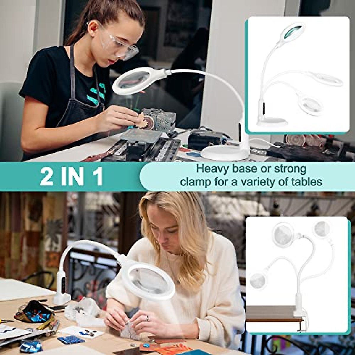 TOMSOO 5X Magnifying Glass with Light and Clamp, 5 Color Modes Stepless Dimmable Lighted Magnifier with Stand, Flexible Gooseneck LED Desk Lamp Hands Free for Craft Painting Hobby Close Work