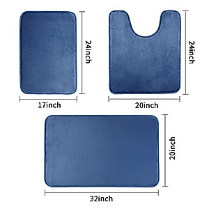 BSAOUTZ Bathroom Rugs 3 Piece, Blue Memory Foam Bath Mat Set, Non Slip and Absorbent Mats, Washable Bath Mat Sets for Bathroom Shower Tub