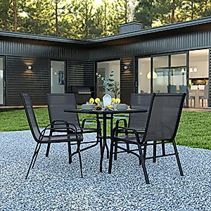 Flash Furniture Brazos Series 5-Piece Glass Patio Table and Chairs Set, Outdoor Patio Dining Set with Square Table and 4 Sling Patio Chairs, Black