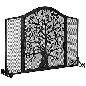 MyGift Black Wrought Iron Fireplace Screen Door with Silhouette Tree & Bird Design