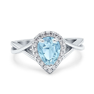 Blue Apple Co. Simulated Aquamarine Cubic Zirconia Size-8 Teardrop Pear Halo Twist Infinity Shank Art Deco Engagement Wedding Bridal Ring Round Simulated CZ 925 Sterling Silver
