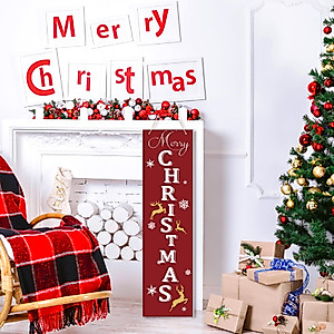 Soaoo Christmas Porch Sign Merry Christmas Vertical Porch Sign Red Christmas Wooden Welcome Sign for Front Door Porch Standing Farmhouse Rustic Door Porch for Xmas Porch Yard Outdoor Indoor, 35.43" H