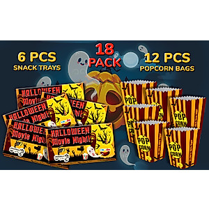 Cheshire Gifts Halloween Party Supplies For Movie Night 18pcs - Popcorn Bags 12ct & Movie Night Snack Trays 6ct - Halloween Party Decorations, Halloween Party Favors, Halloween Decor