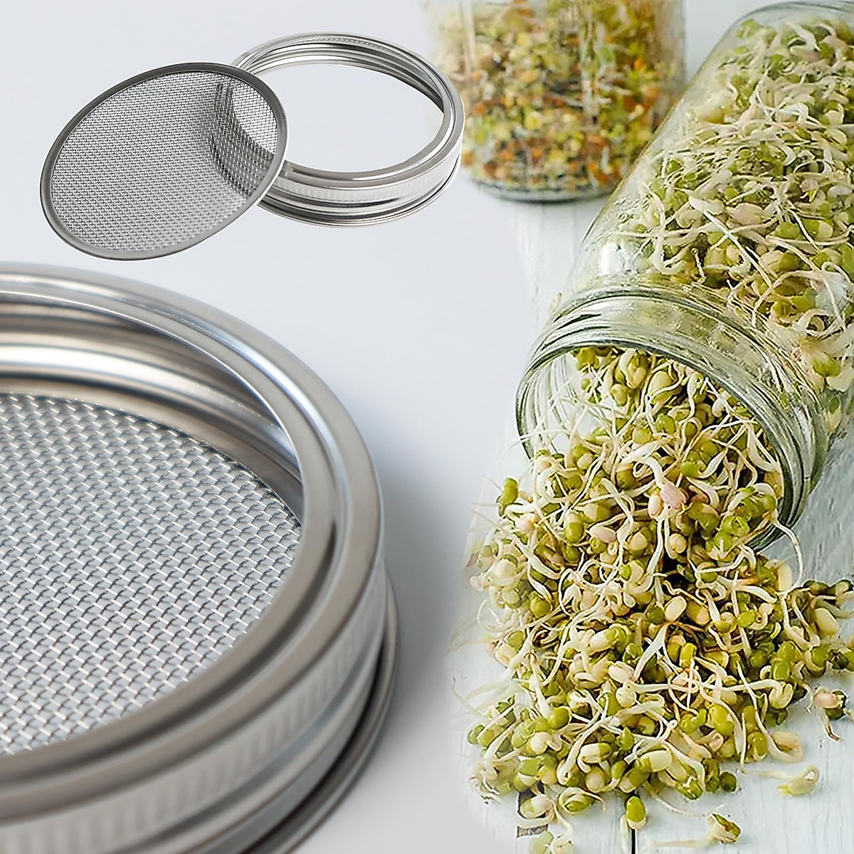 4 Pack Mesh Strainer Jar Stainless Steel Sprouting Jars Mason Wide Mouth Canning Lids for Growing Bean, Seeds and Salad