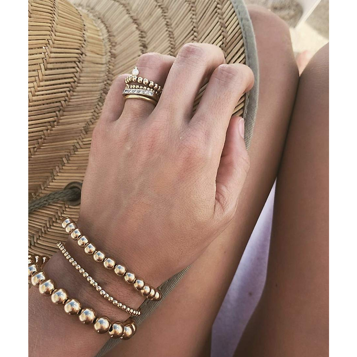 ARATLENCH Beaded Bracelet for Women Stack Stretch String Brass Ball Beads Bracelet Set for Girls (5 pcs gold beads bracelet)