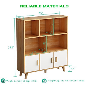 OSCHF Cubby Shelf Bookcase with Doors - Wooden 8 Cube Floor Standing Open Bookshelf with Solid Wood Legs, 3-Tier Storage Cabinet, Oak and Warm White