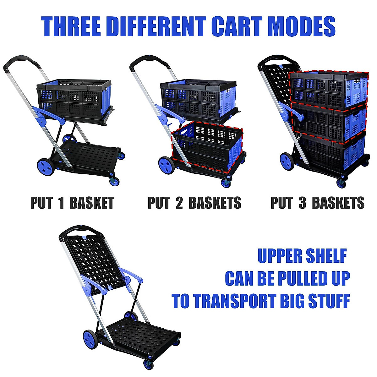 APOXCON Folding Shopping Cart, Two Tier Collapsible Cart with One Crate, Heavy Duty Utility Cart with 360° Rolling Swivel Wheels Multiple Uses Folding Trolley for Shopping, Picnic and Office