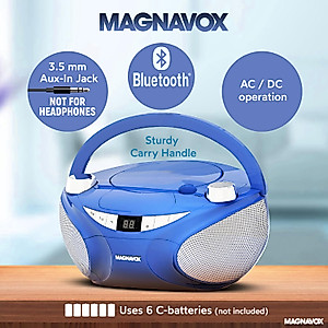 Magnavox MD6949 Portable Top Loading CD Boombox with AM/FM Stereo Radio and Bluetooth Wireless Technology in Black | CD-R/CD-RW Compatible | LED Display | (Blue)