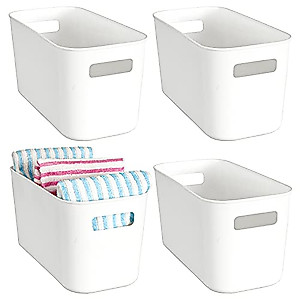 Yopay 4 Pack Plastic Storage Bin with Handle, White Bathroom Kitchen Organizer Bin for Organizing Hand Soaps, Body Wash, Shampoos, Lotion, Conditioners, Hand Towels, Cosmetic, Snacks, Seasoning