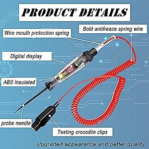 Hawyet 1 PC 6V/12V/24V Auto Bidirectional Voltage Tester, Car Test Light Digital LED Circuit Tester with Extended Spring Wire, DC Inductive Test Pen (Red #Clip)