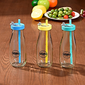 Smiths Mason Jars Set of 9 Mini Glass Milk Bottles 300ml Splash Proof Lids and Reusable Drinking Straws for Kids | General Use Kids Home
